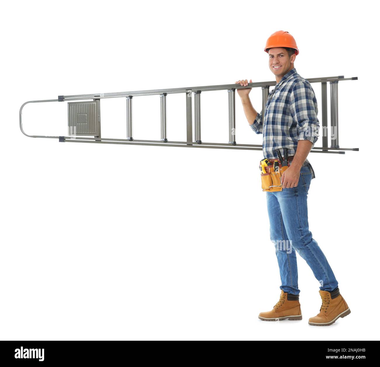 Professional builder carrying metal ladder on white background Stock ...