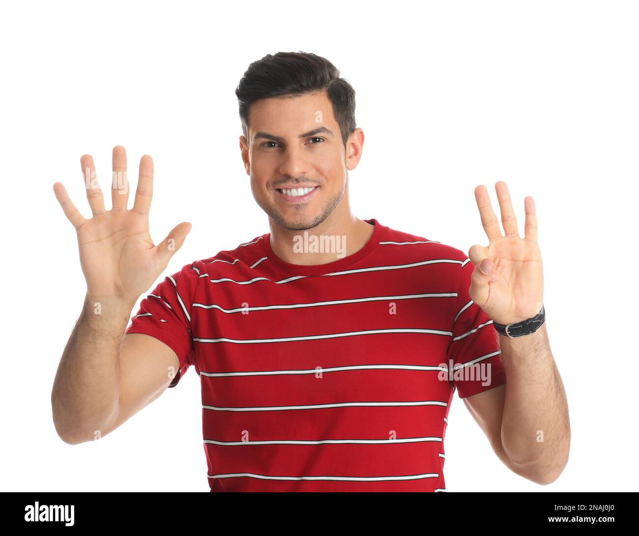 Man showing number eight with his hands on white background Stock Photo ...