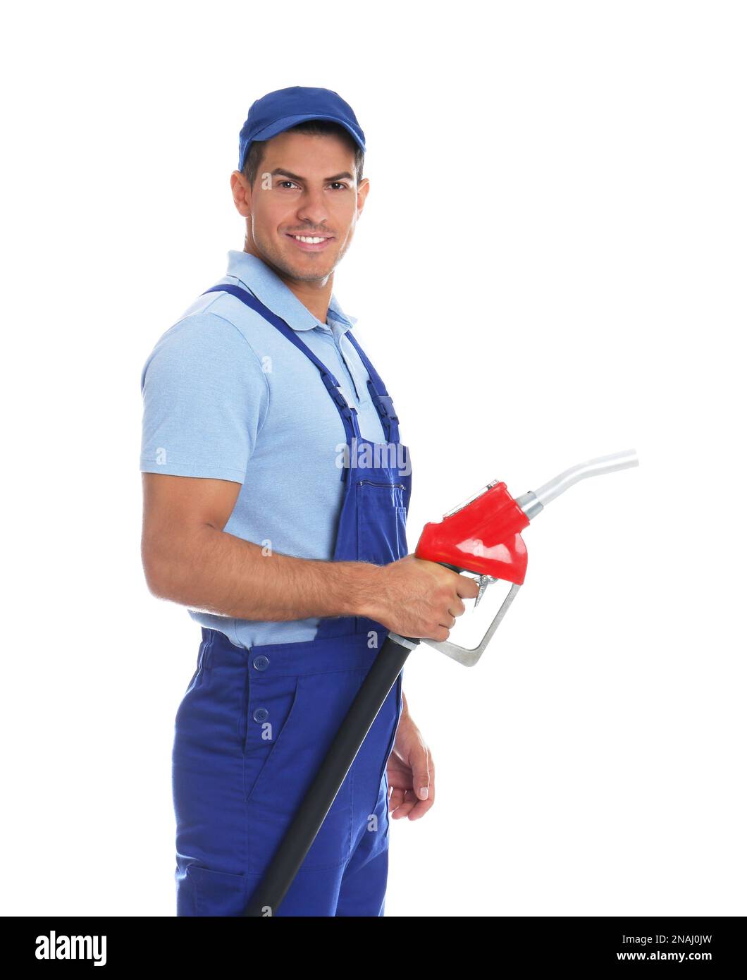 Gas station worker with fuel nozzle on white background Stock Photo - Alamy