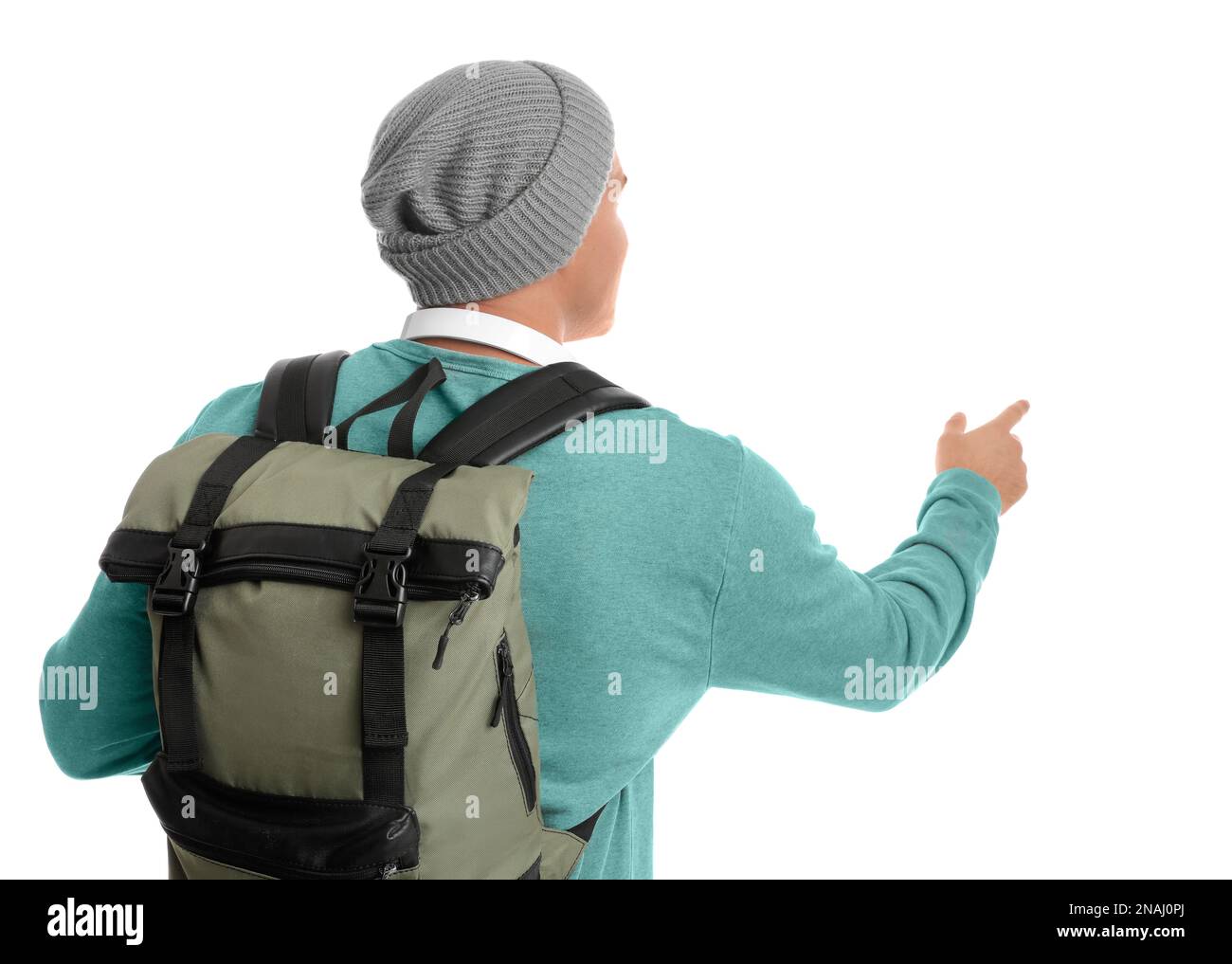 Back view of man with backpack pointing hi-res stock photography and ...