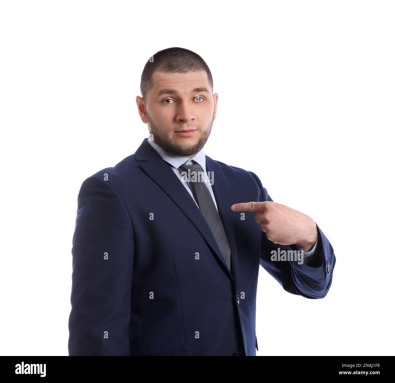 Man in suit pointing at himself on white background Stock Photo - Alamy