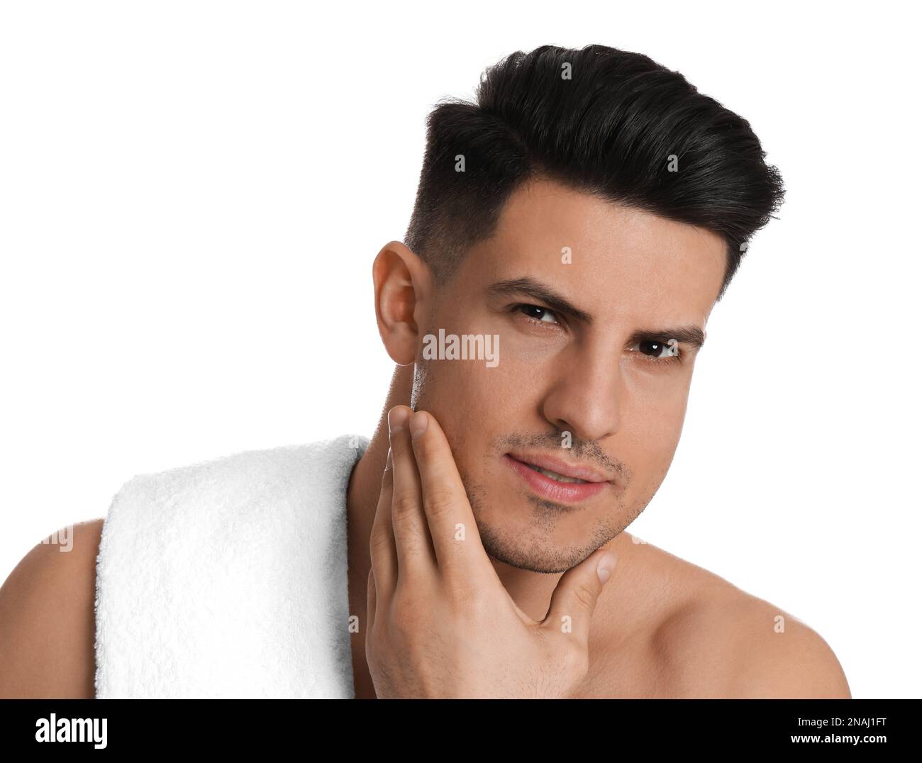 Handsome man with stubble before shaving on white background Stock ...