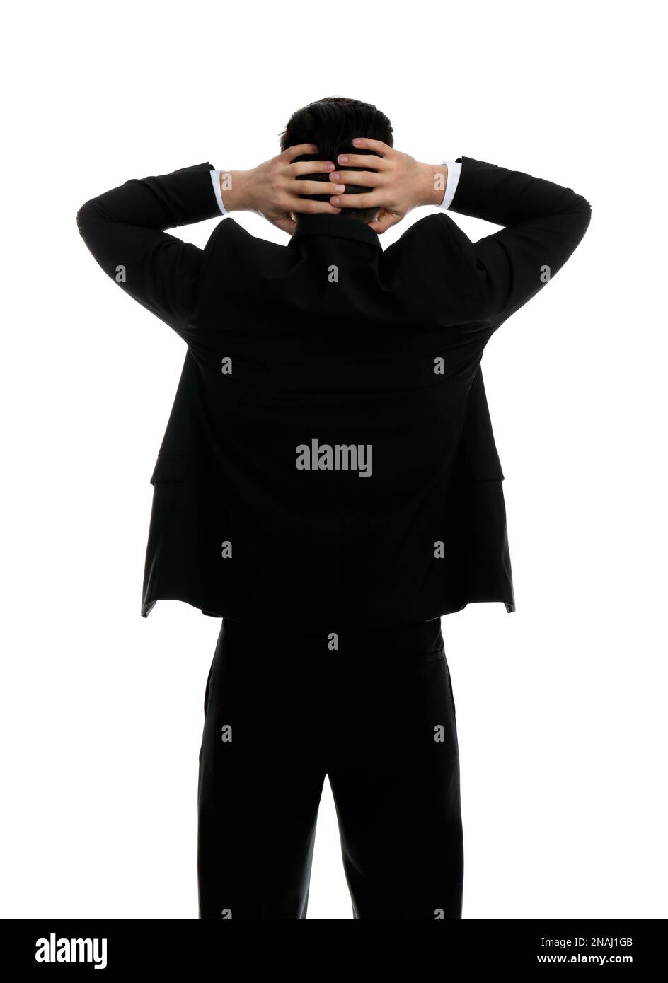 Businessman in formal suit on white background, back view Stock Photo ...