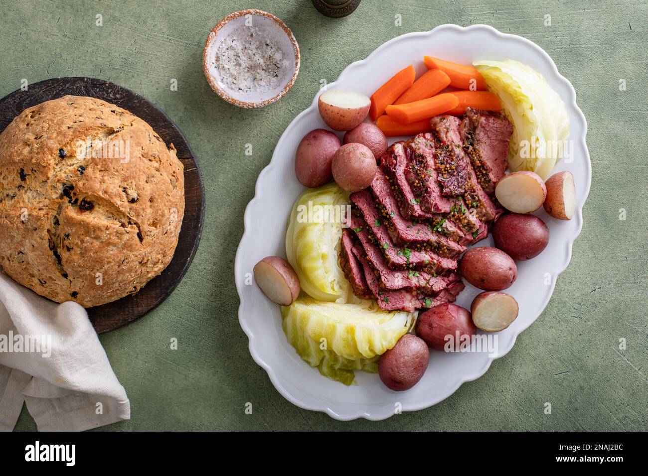 Corned beef with cabbage and potatoes on a serving platter, irish ...