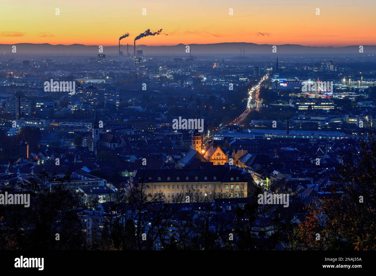 View from the tower hill to Durlach with town church and town hall, in ...