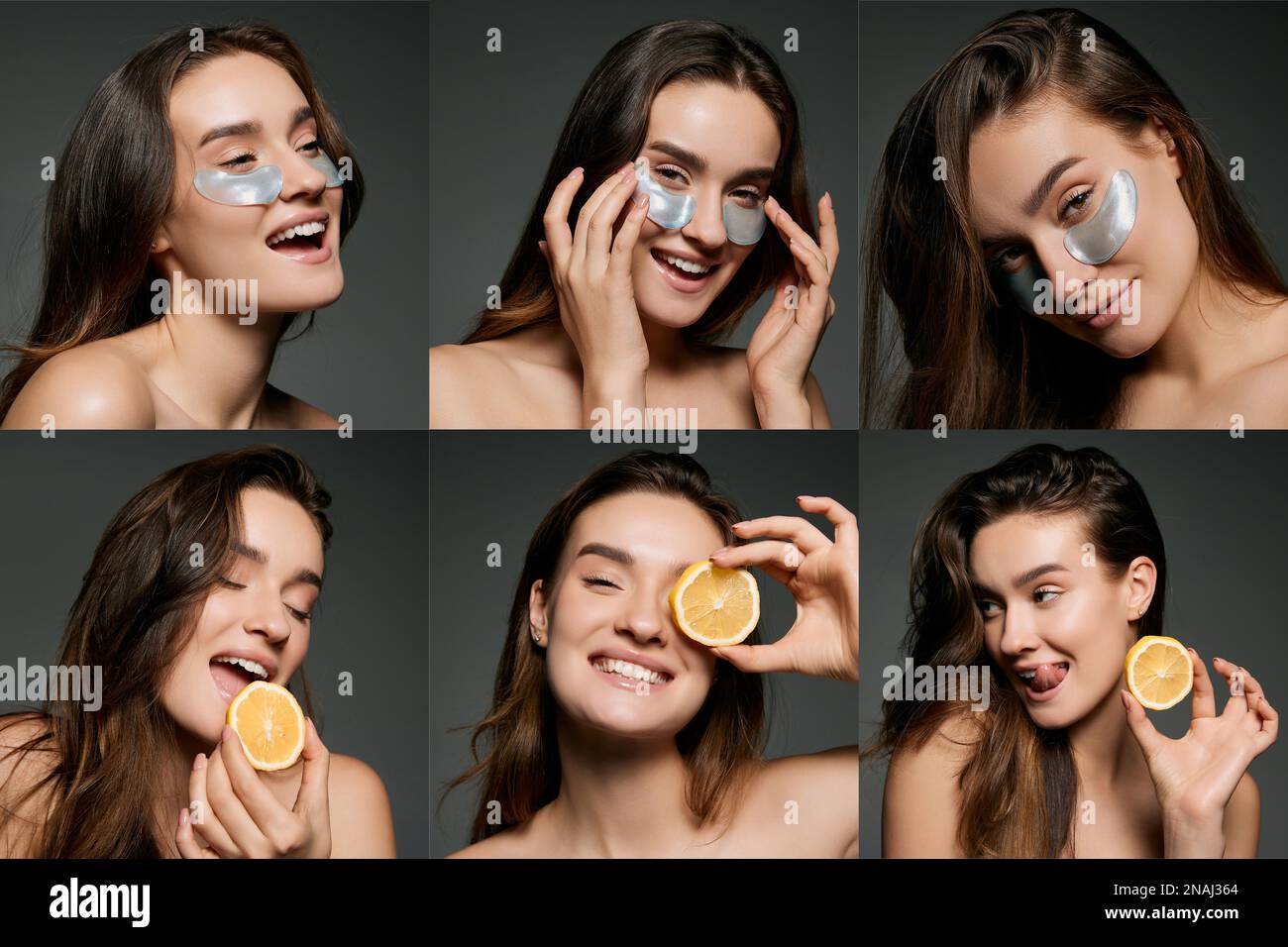 Collage. Beautiful young girl taking care of skin with eye patches and ...