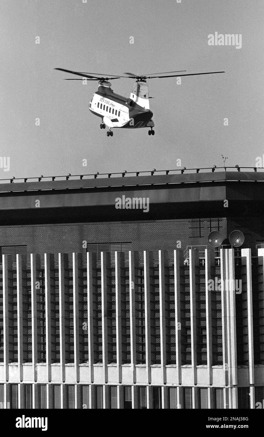 The helicopter lifts off the roof of the Pan Am building in New York ...
