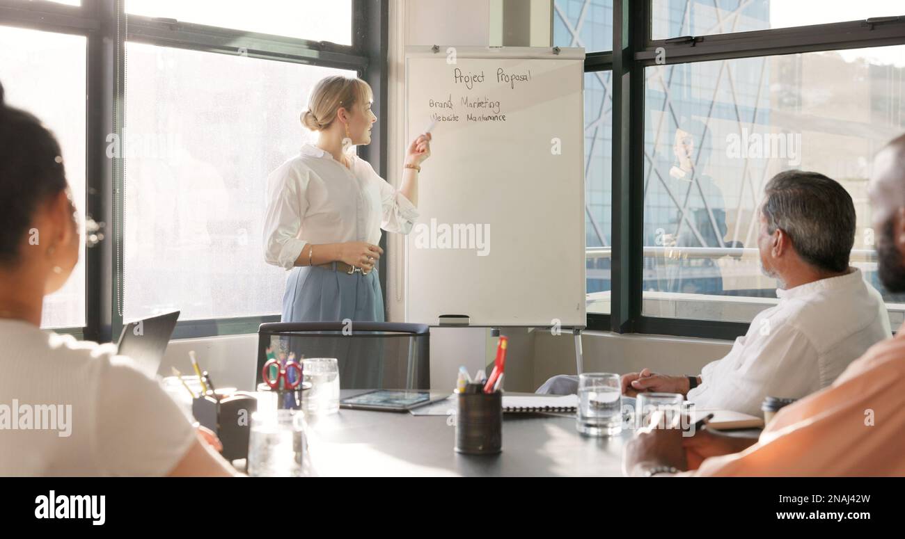 Business leader, presentation and whiteboard for office meeting with ...