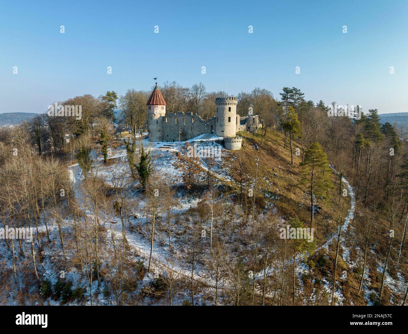 The Honburg castle ruins on the Honberg, above the town of Tuttlingen ...