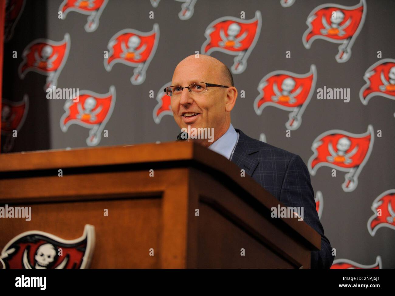Tampa Bay Buccaneers co-chairman Joel Glazer speaks to the media during ...