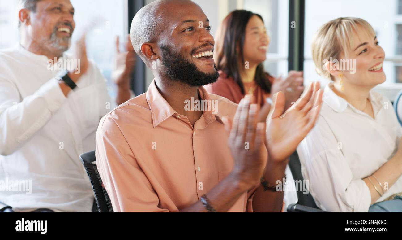 Applause, crowd and seminar with a business team clapping during a ...