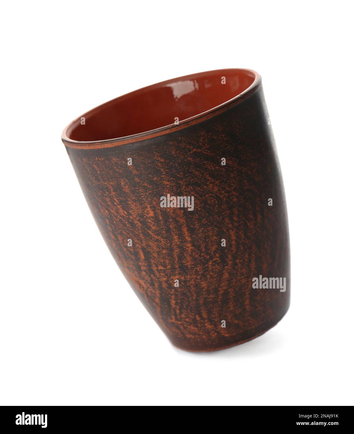 Stylish brown clay cup isolated on white Stock Photo - Alamy