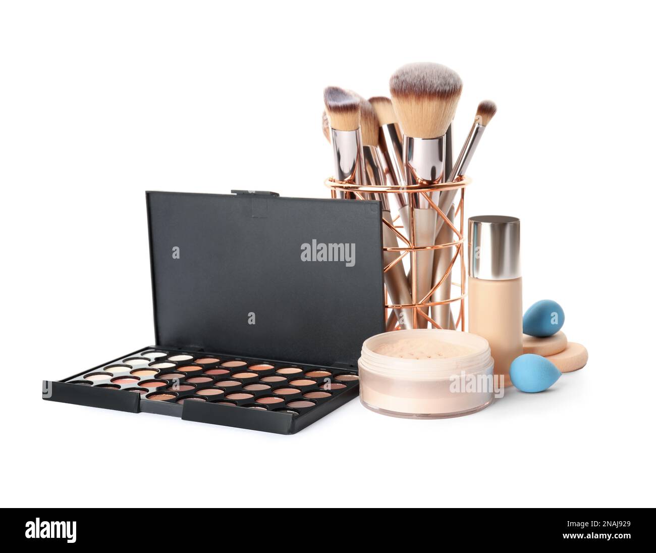 Set of makeup products and accessories on white background Stock Photo ...