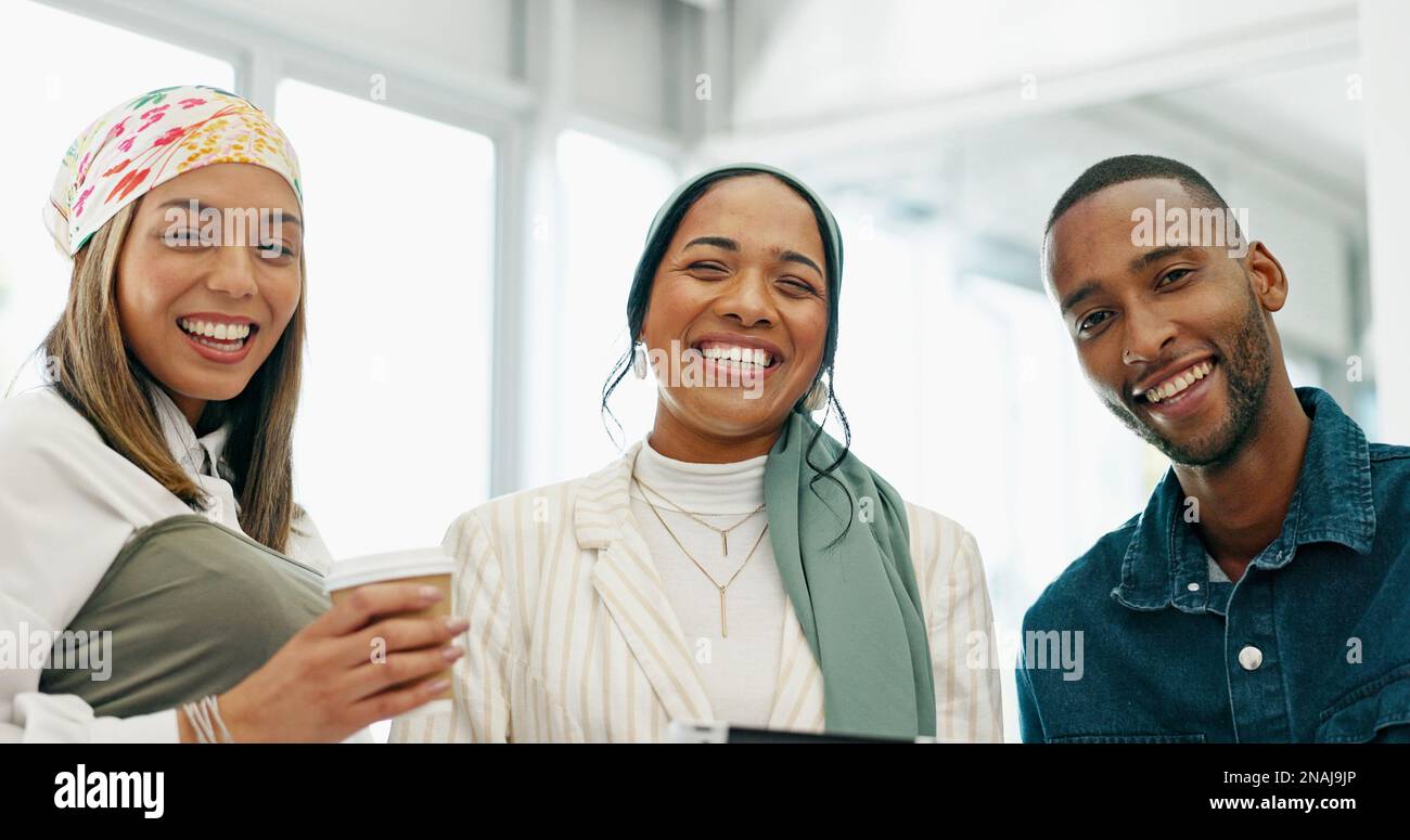 Business people, portrait or laughing in meeting and tablet, company ...