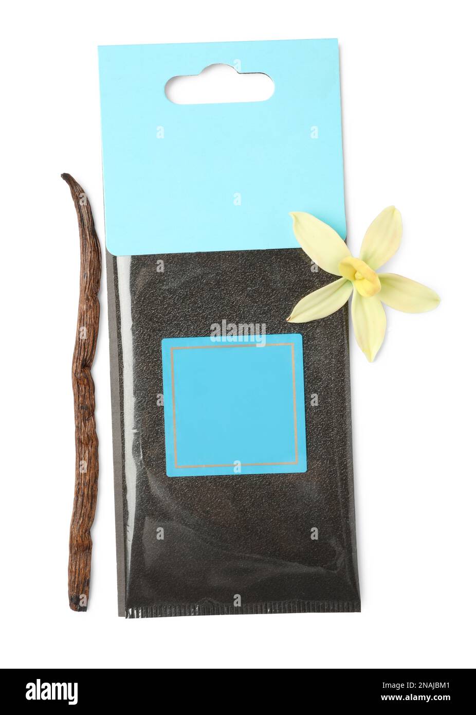 Scented sachet, vanilla stick and flower on white background, top view ...