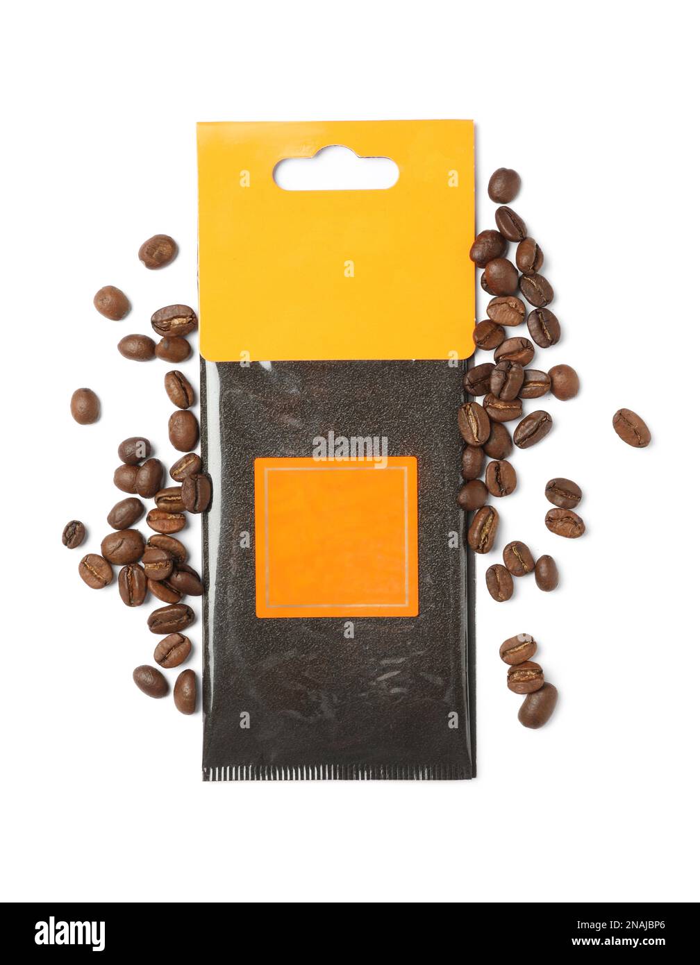 Scented sachet and coffee beans on white background, top view Stock ...