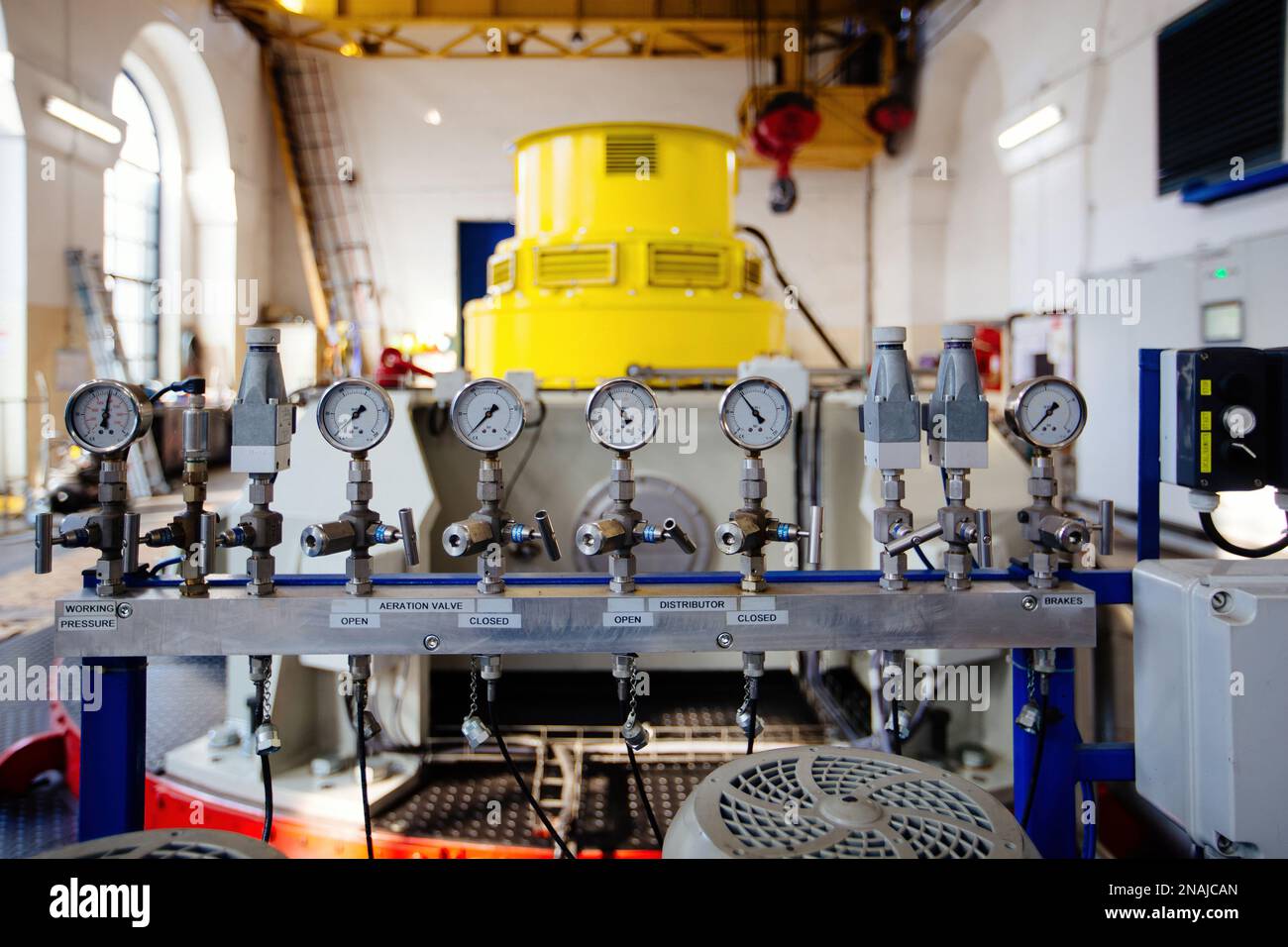 Pressure gauges, valves pipeline at modern hydraelectric power plant ...