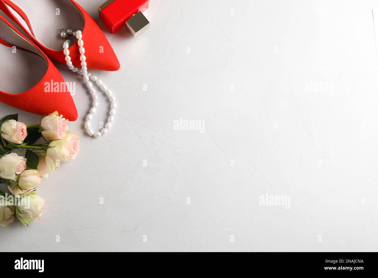 Composition with high heel shoes on white background, flat lay. Space ...