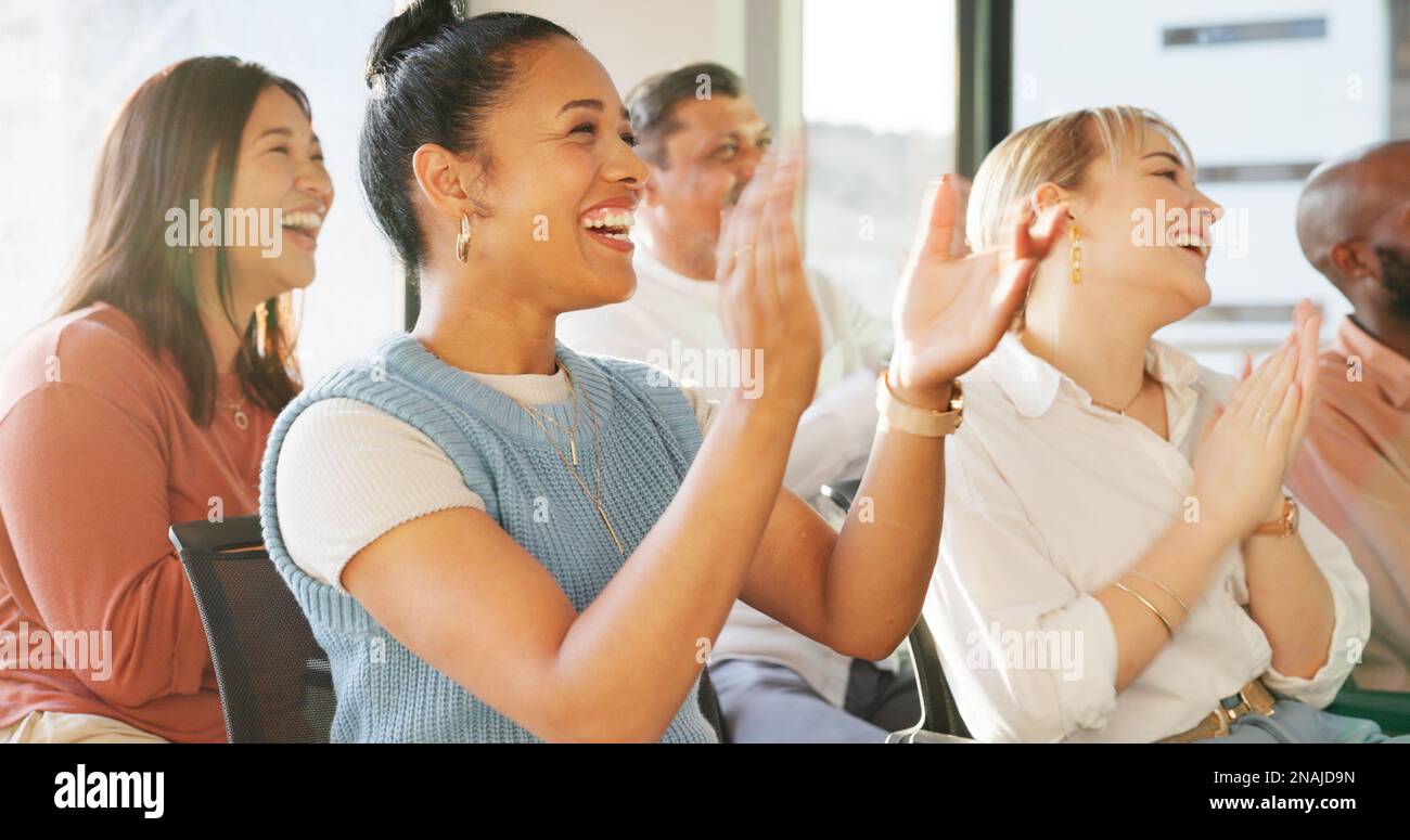 Crowd, women applause and meeting seminar, workshop and smile for ...
