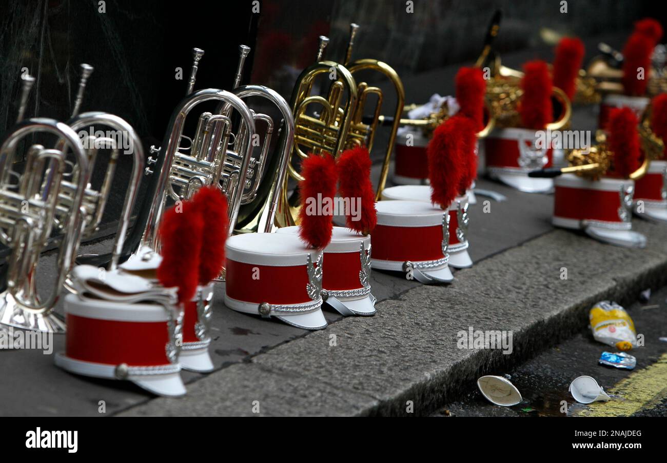 The hats and musical instruments of marching bands are seen on the ...