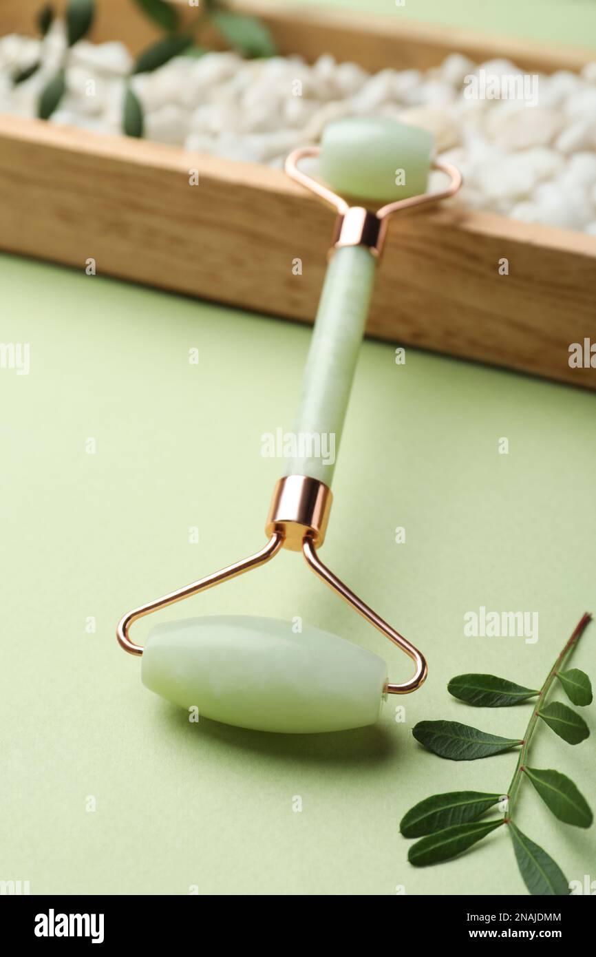 Natural face roller, stones and leaves on green background Stock Photo ...