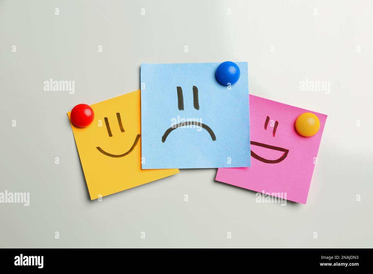 Stickers with sad and happy faces on white background, flat lay Stock ...