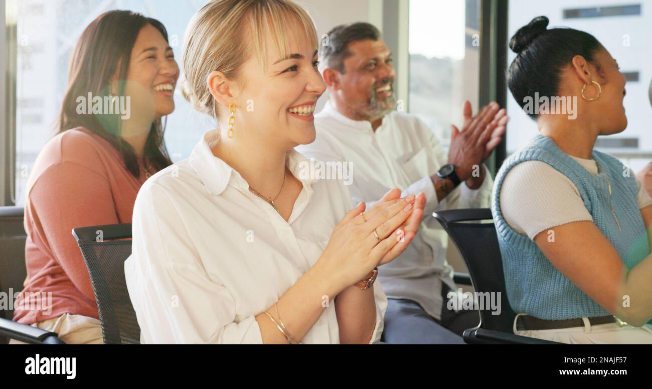Audience applause, seminar and people at conference clapping for training workshop, presentation ...