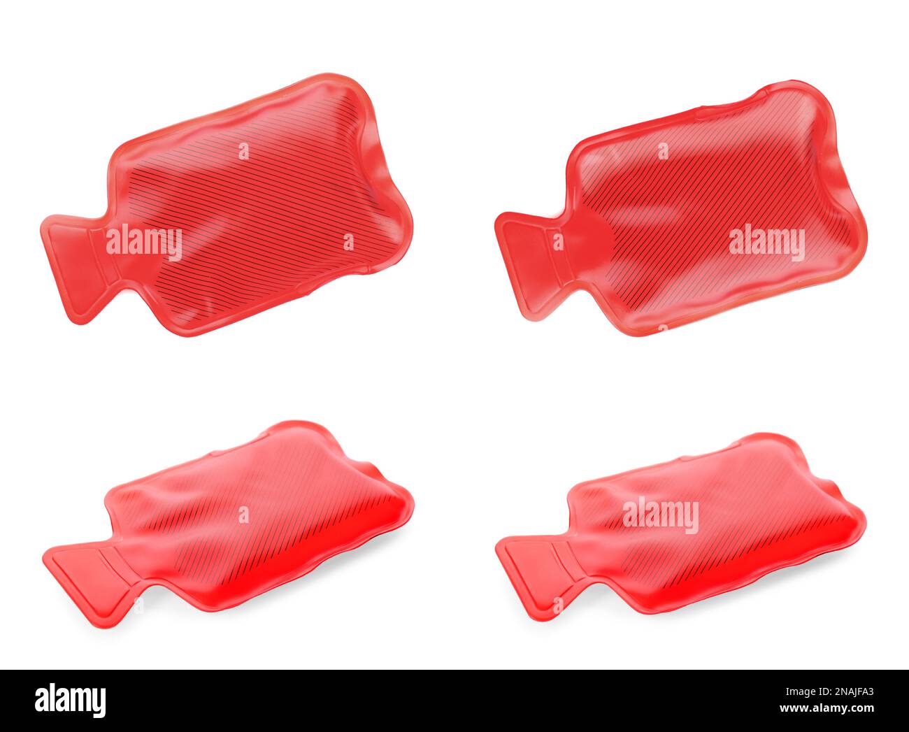 Set with red rubber hot water bottles on white background Stock Photo ...