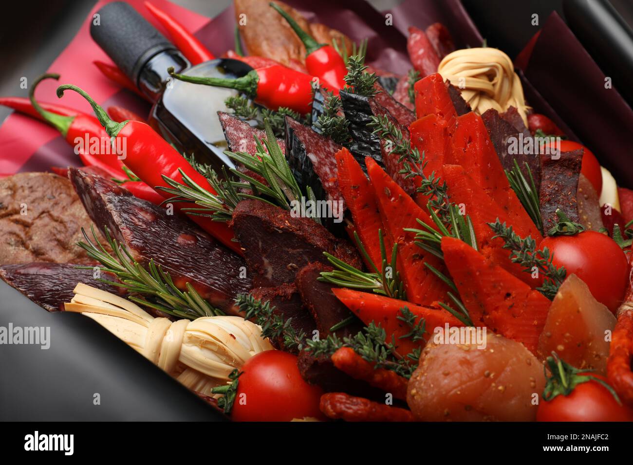 Beautiful edible bouquet with meat, cheese and vegetables, closeup ...
