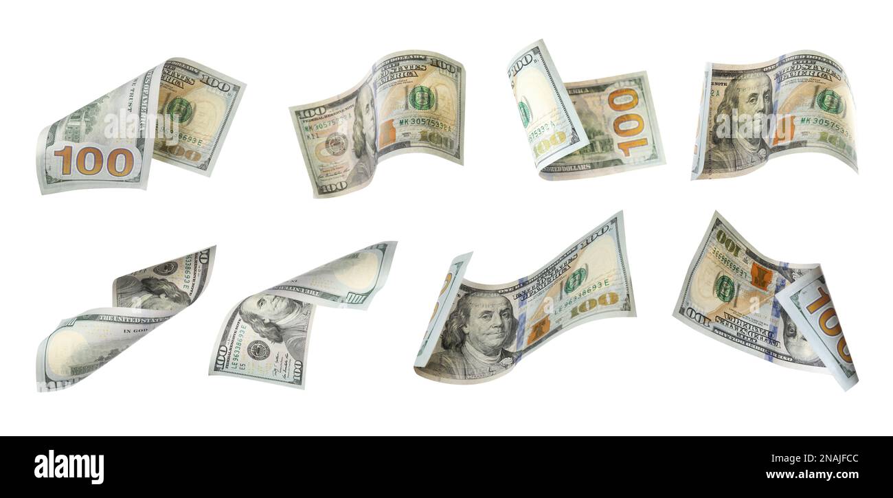 Dollar banknotes flying on white background, collage. Banner design ...