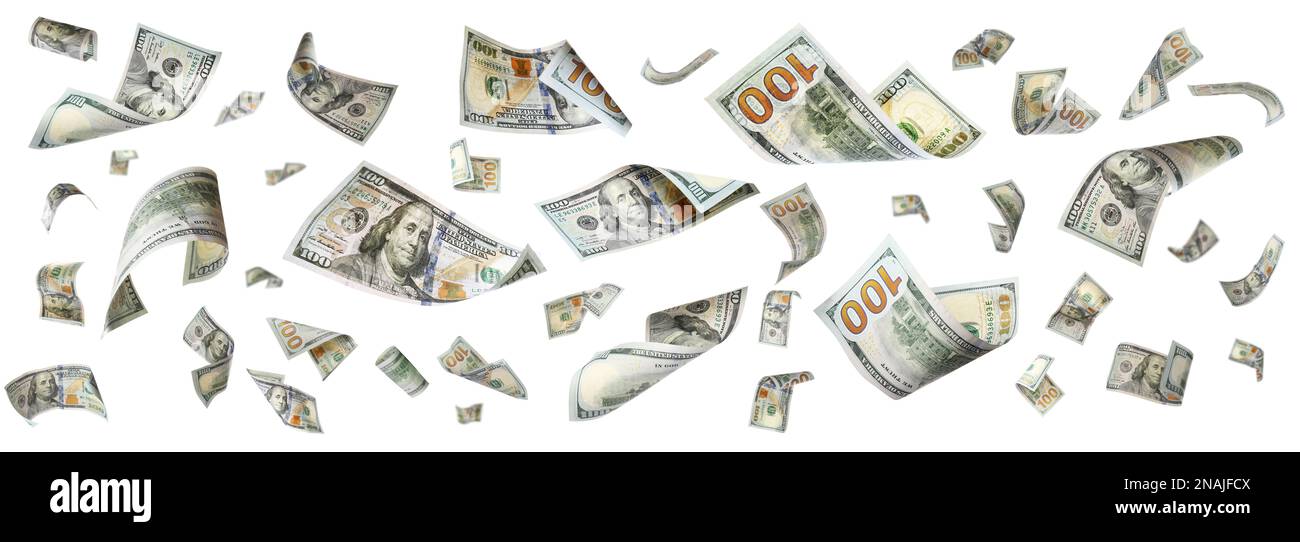 Dollar banknotes flying on white background, collage. Banner design ...
