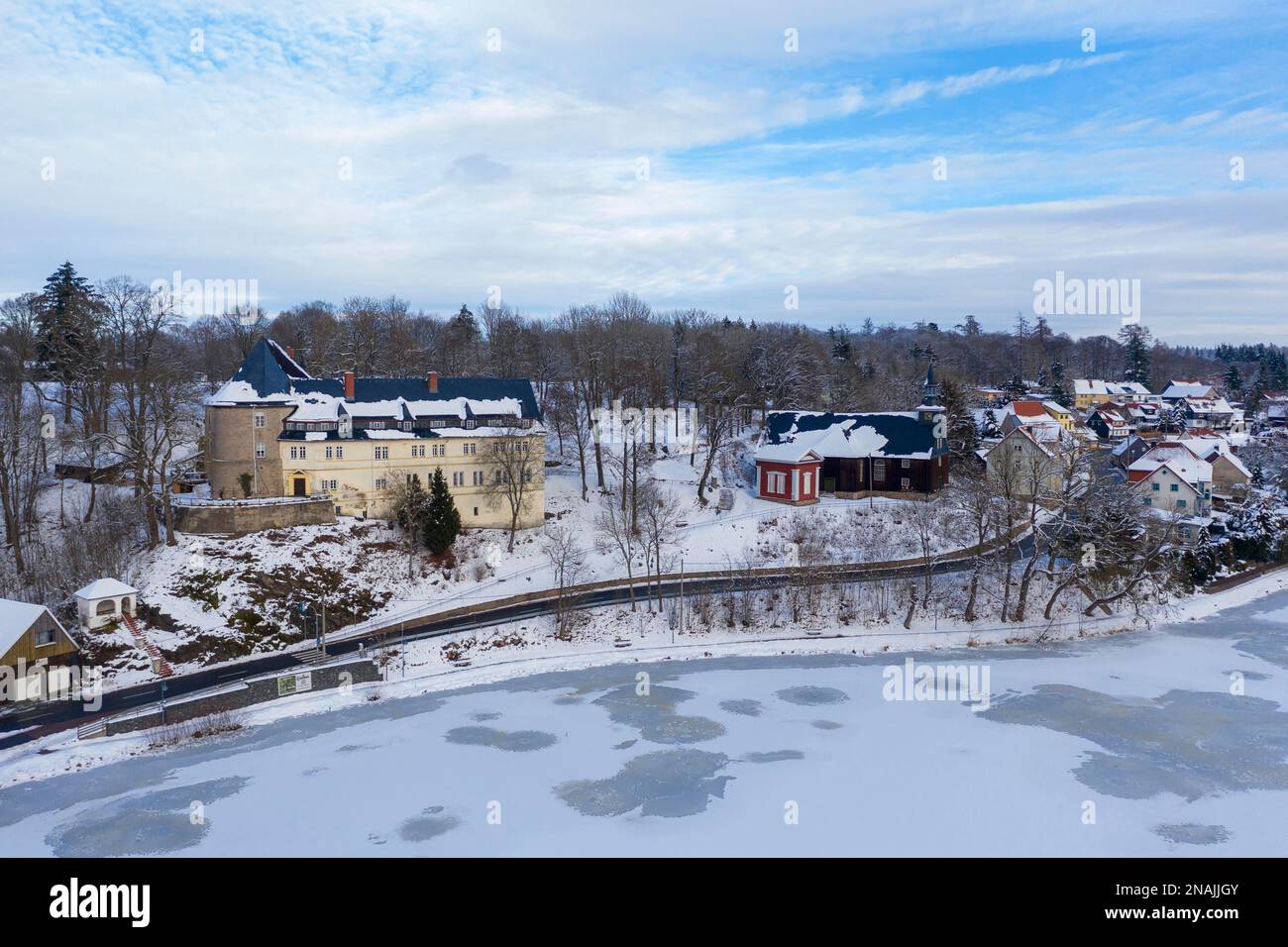 Aerial view Stiege town Oberharz am Brocken in the Harz mountains ...