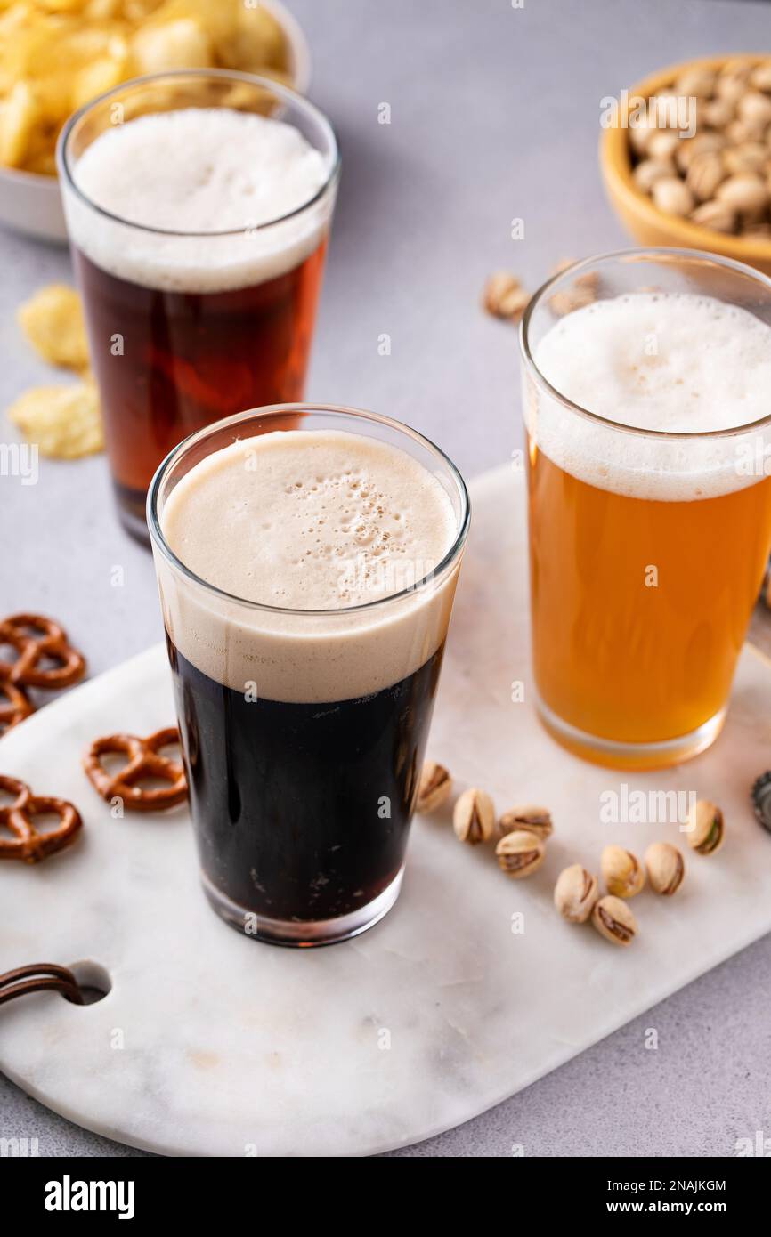 Variety of beer with dark stout, traditional lager and belgian white ...