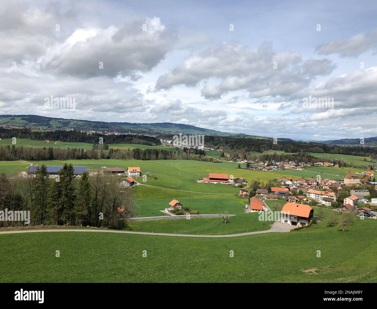 The buildings in a green field in Switzerland Stock Photo - Alamy