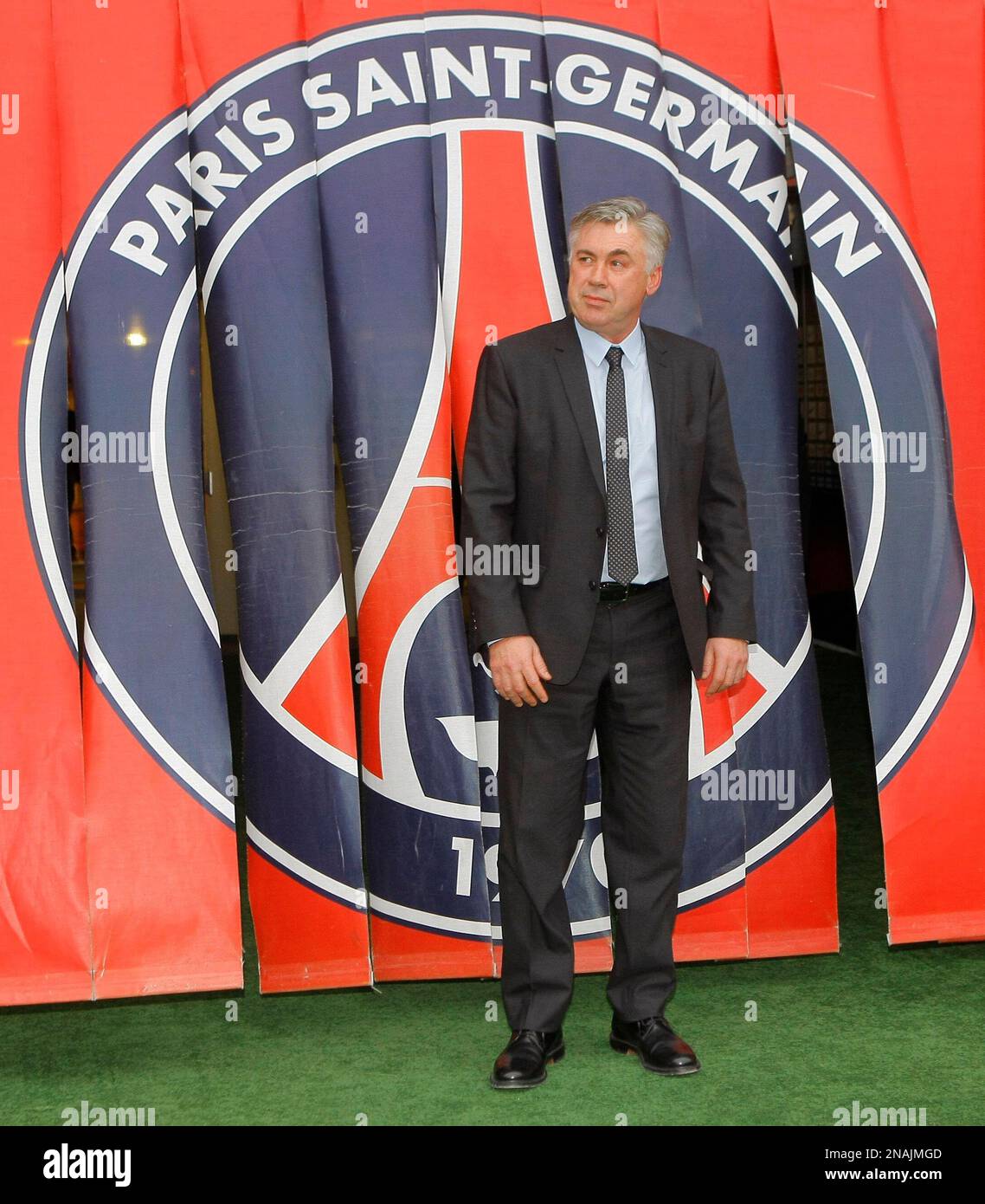 Paris Saint Germain (PSG) new coach Carlo Ancelotti poses after a press ...