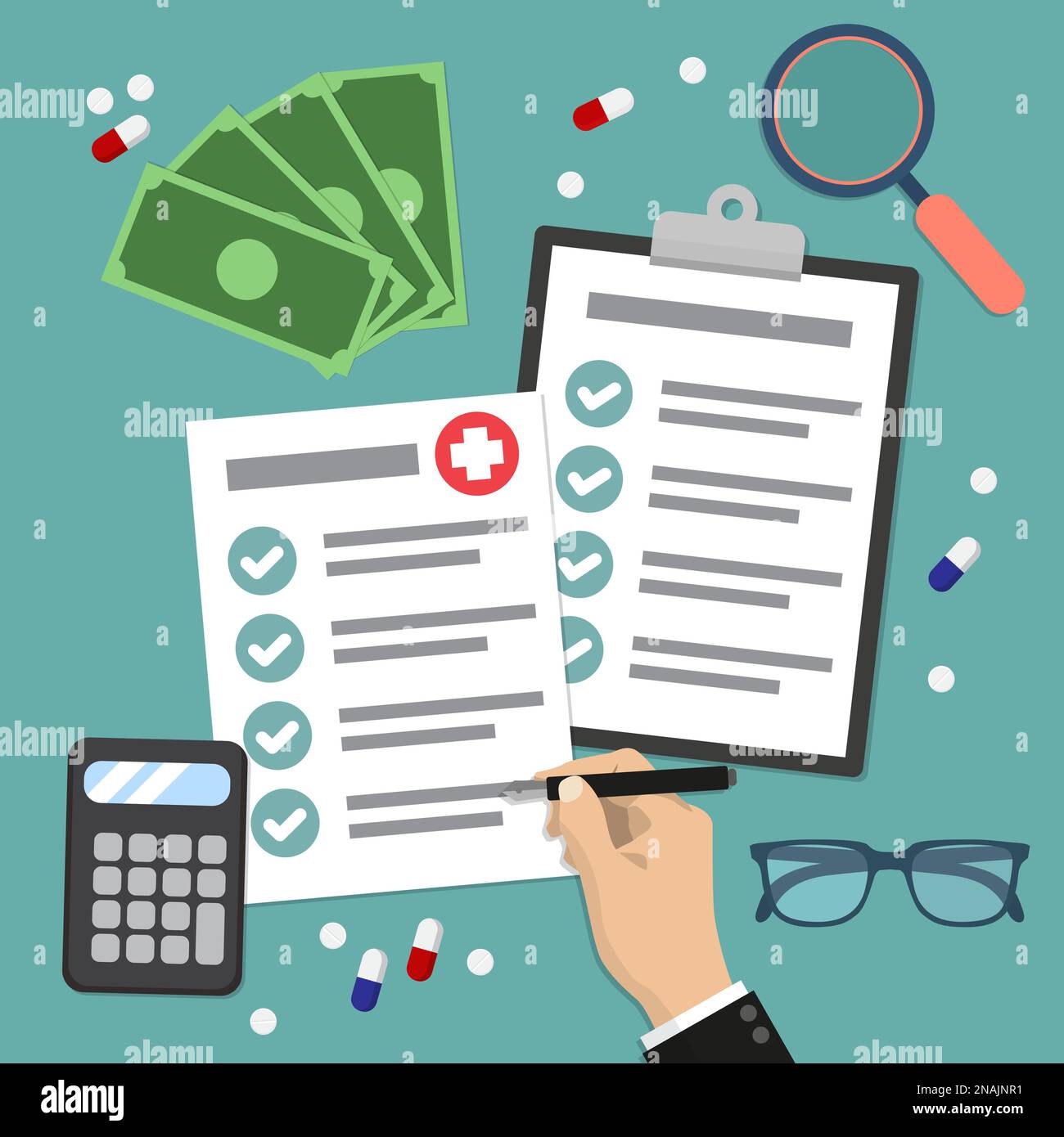 Health insurance form concept vector illustration.The hand fills the ...