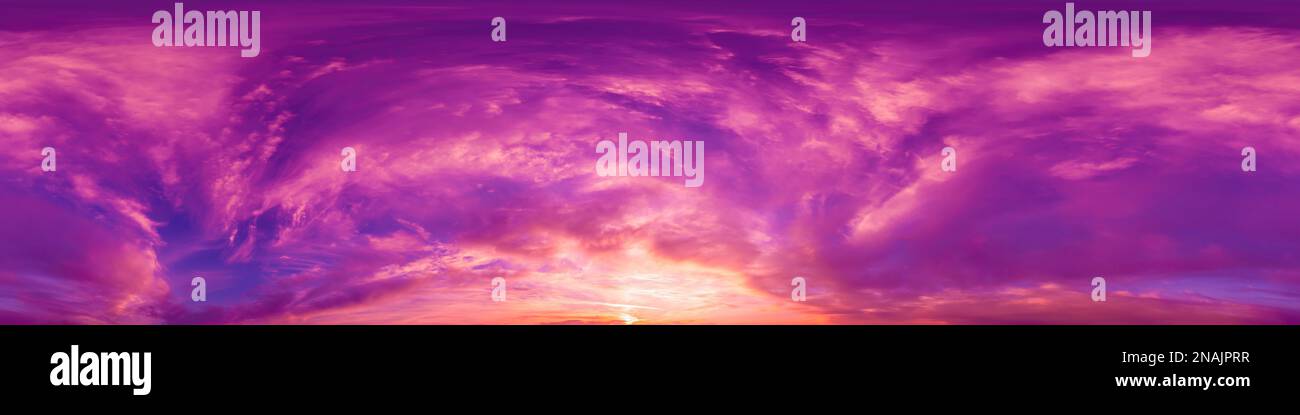 Dramatic magenta sunset sky panorama with Cumulus clouds. Seamless hdr ...