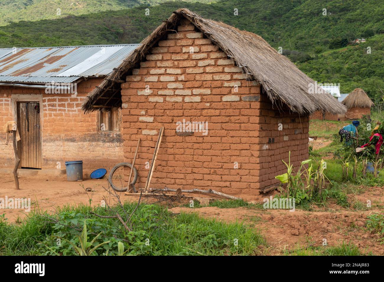 06.02.2023 - Tunduma, Tanzania - Mud brick houses with thatch roofing ...