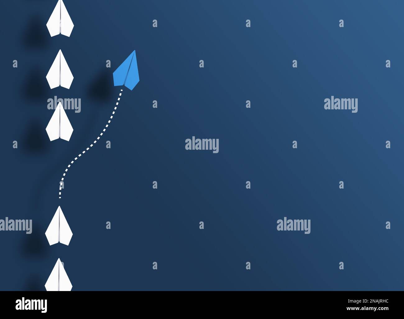 paper planes in a row on blue background and one paper glider going in ...