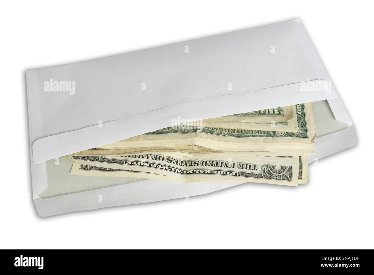 high angle view of dollar bills in white envelope isolated on white ...