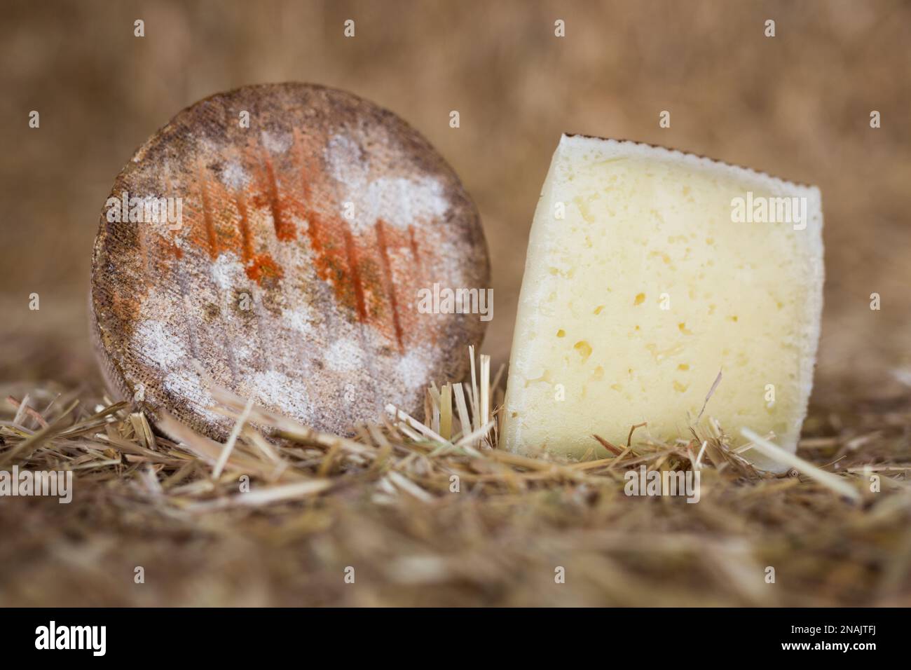 whole head of ripe country cheese and slices on hay Stock Photo - Alamy