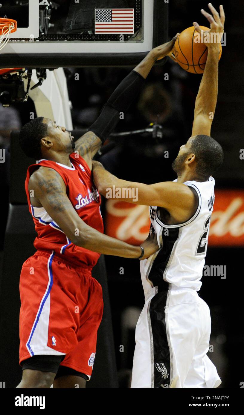 Los Angeles Clippers center DeAndre Jordan blocks a shot attempt by San ...