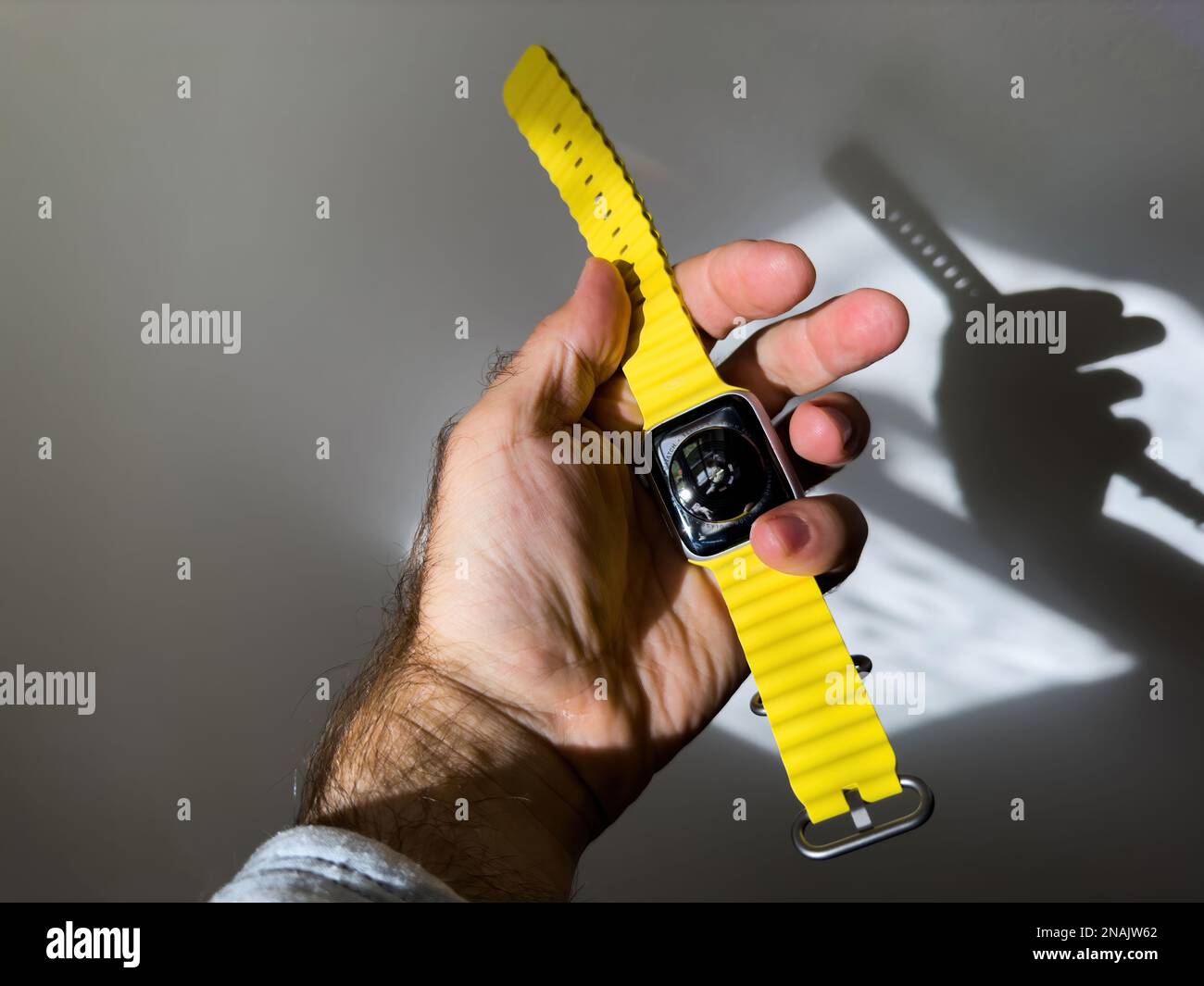 Paris, France - Sep 23, 2022: Happy customer holding new Apple Watch ...