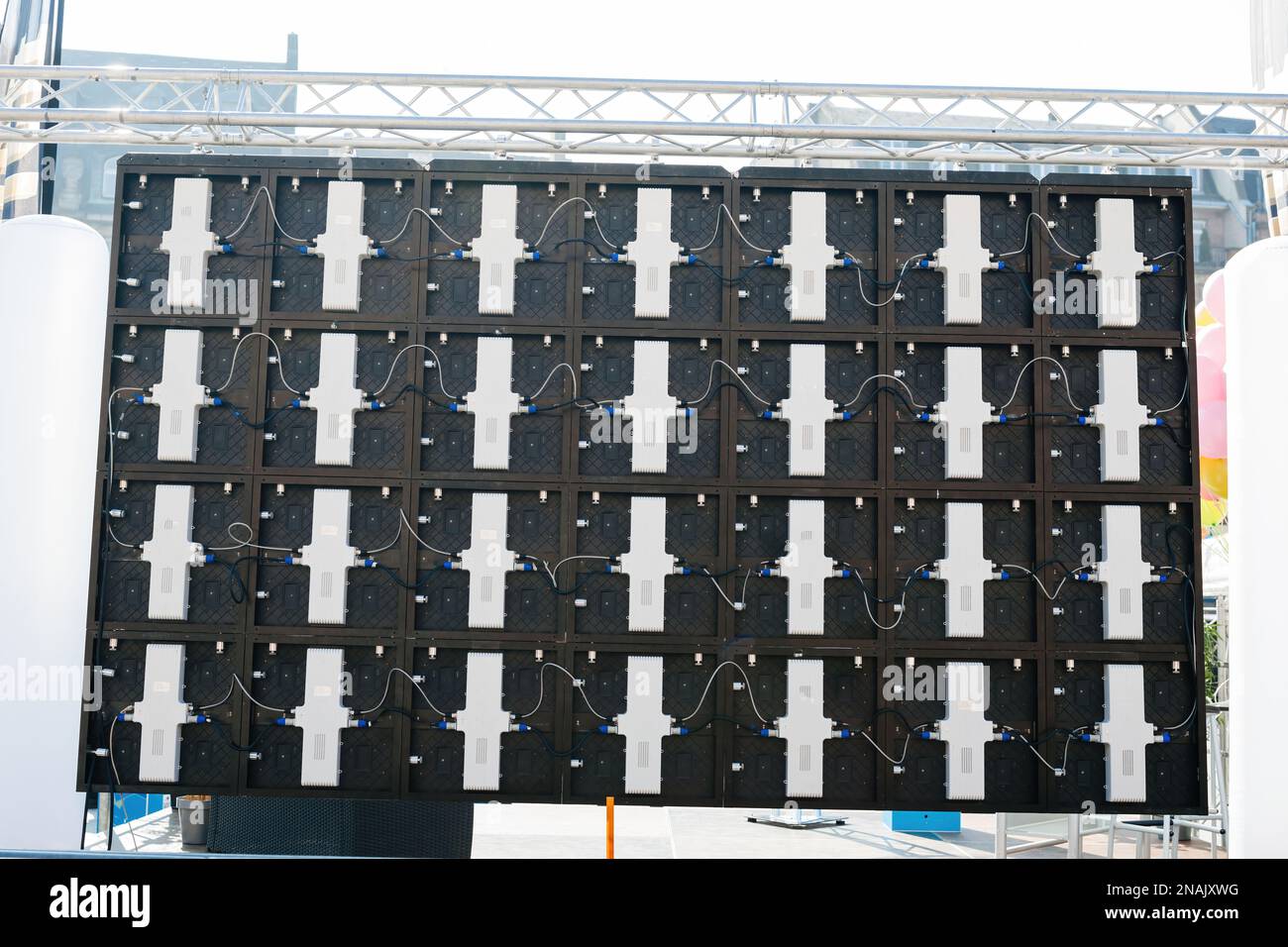 Rear view of multiple stage LED Display panels installed on the concert ...