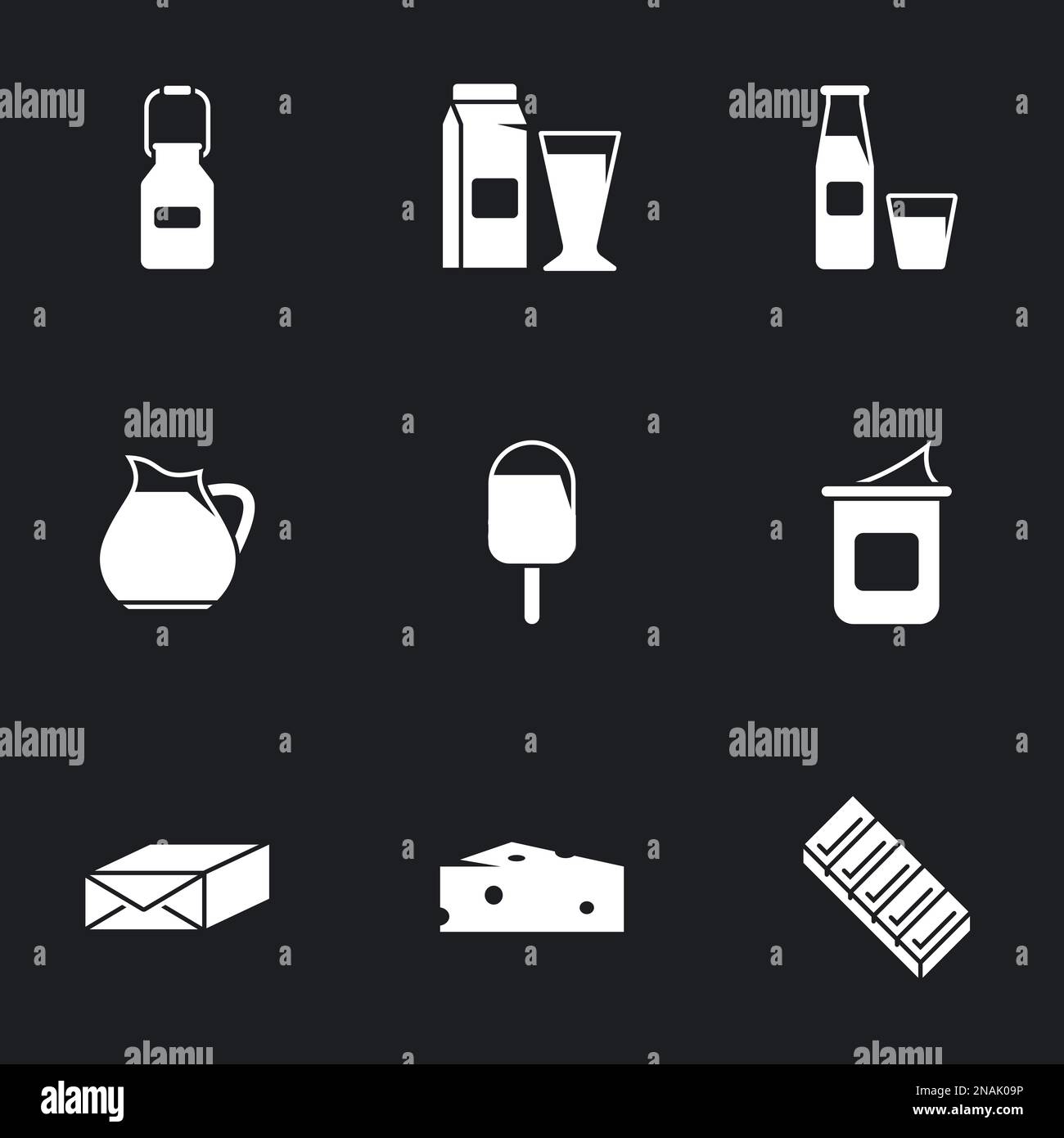 Icons for theme Dairy, vector, icon, set. Black background Stock Vector ...