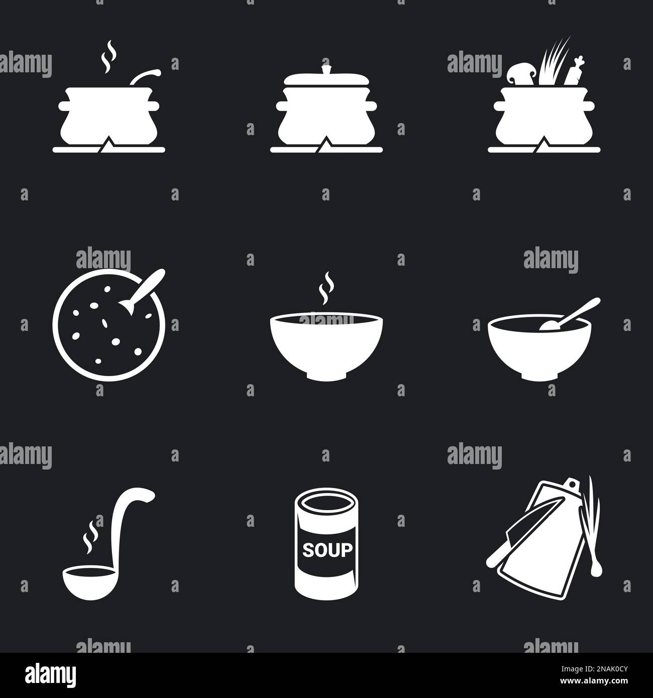 Preparation of soup, soup in a bowl. Set of icons. Black background ...