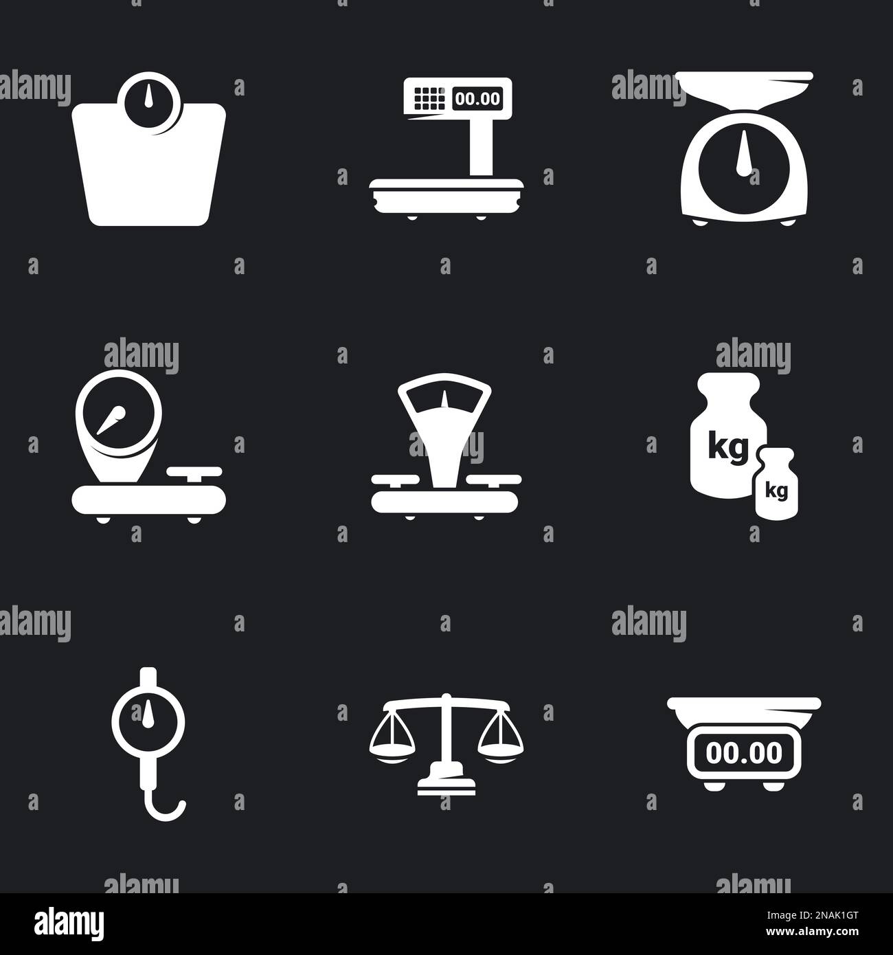 Icons for theme scales, weighing, weight, balance. Black background ...
