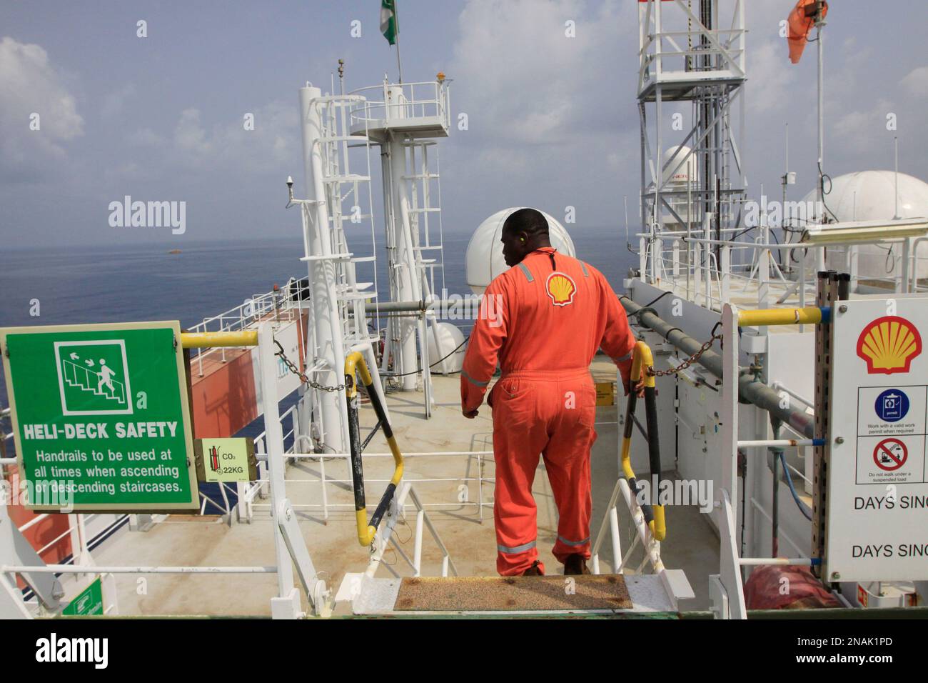 An unidentified Shell worker aboard the Bonga offshore oil vessel off ...