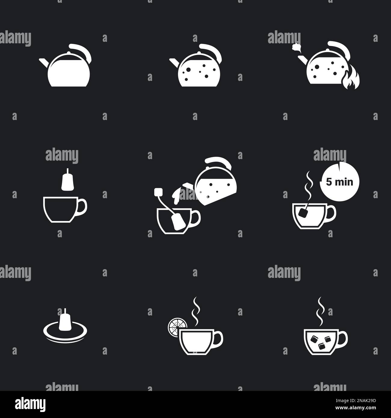 Vector icons , instruction for making tea. Black background Stock ...