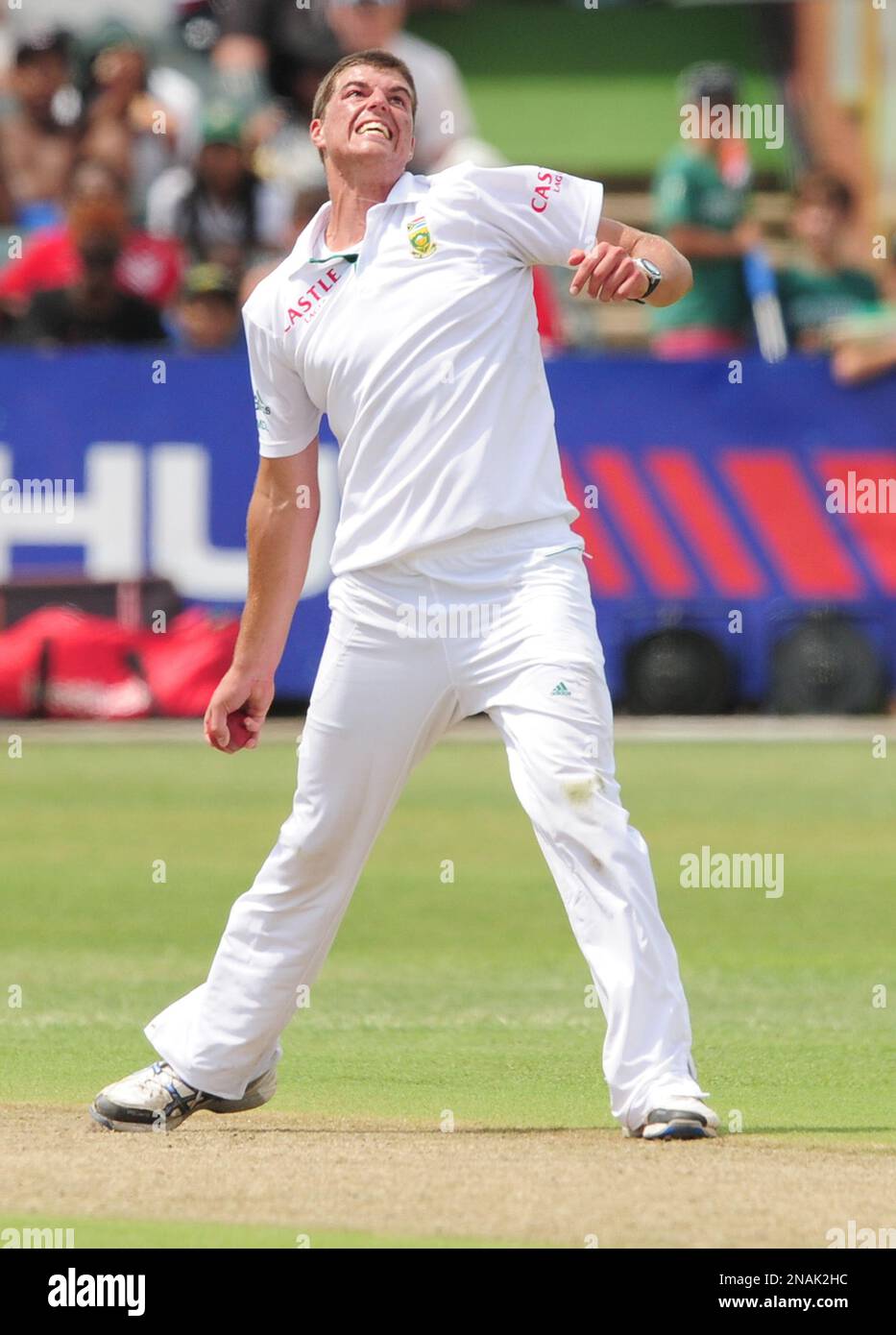 South Africa's Marchant de Lange, celebrates catching out Angelo ...